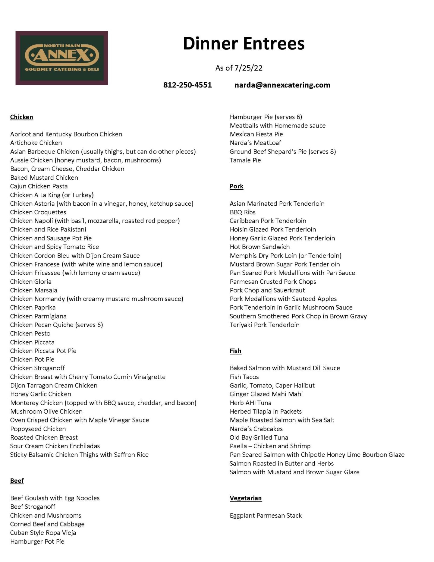 Catering – Dinner – North Main Annex Gourmet Catering & Deli